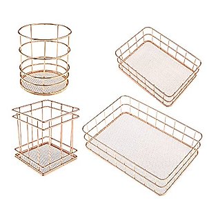 SING F LTD 4X Rose Gold Wire Mesh Basket Box Storage Container Metal Storage Baskets Set Iron Hollow Makeup Brush HolderBathroom Bedroom Decor