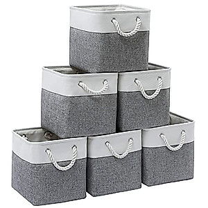 MidmmVick 11 x 11 Inch Cube Storage Bins, 6 Pack Large Collapsible Fabric Storage Bin with Ropes, Foldable Storage Cubes for Home, Office,Closet, Clothes, Toys Organizer (White & Grey)