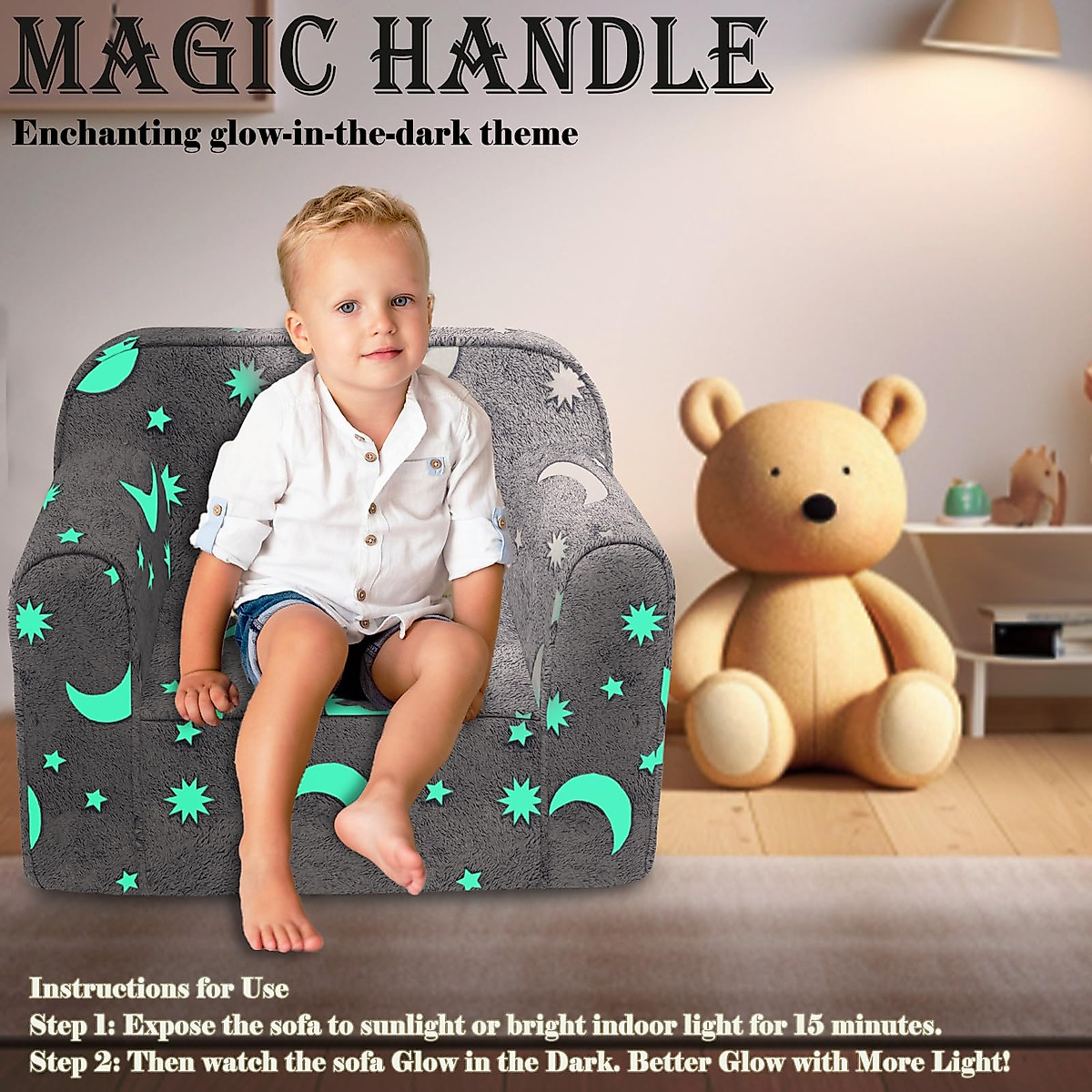 magic handle Toddler Chair, Glow in The Dark Kids Foam Chair with Removable and Washable Cover Carrying Handle, Toddler Armchair, Kids Chair, Toddler Couch (Moon Grey)