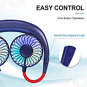 OumuEle Portable Neck Fan Rechargeable Personal Fan with 3 Level Air Flow, 360 Degree Free Rotation Wearable Neckband Fan with 7 Colorful LED for Travel Sports Home Office (Blue)