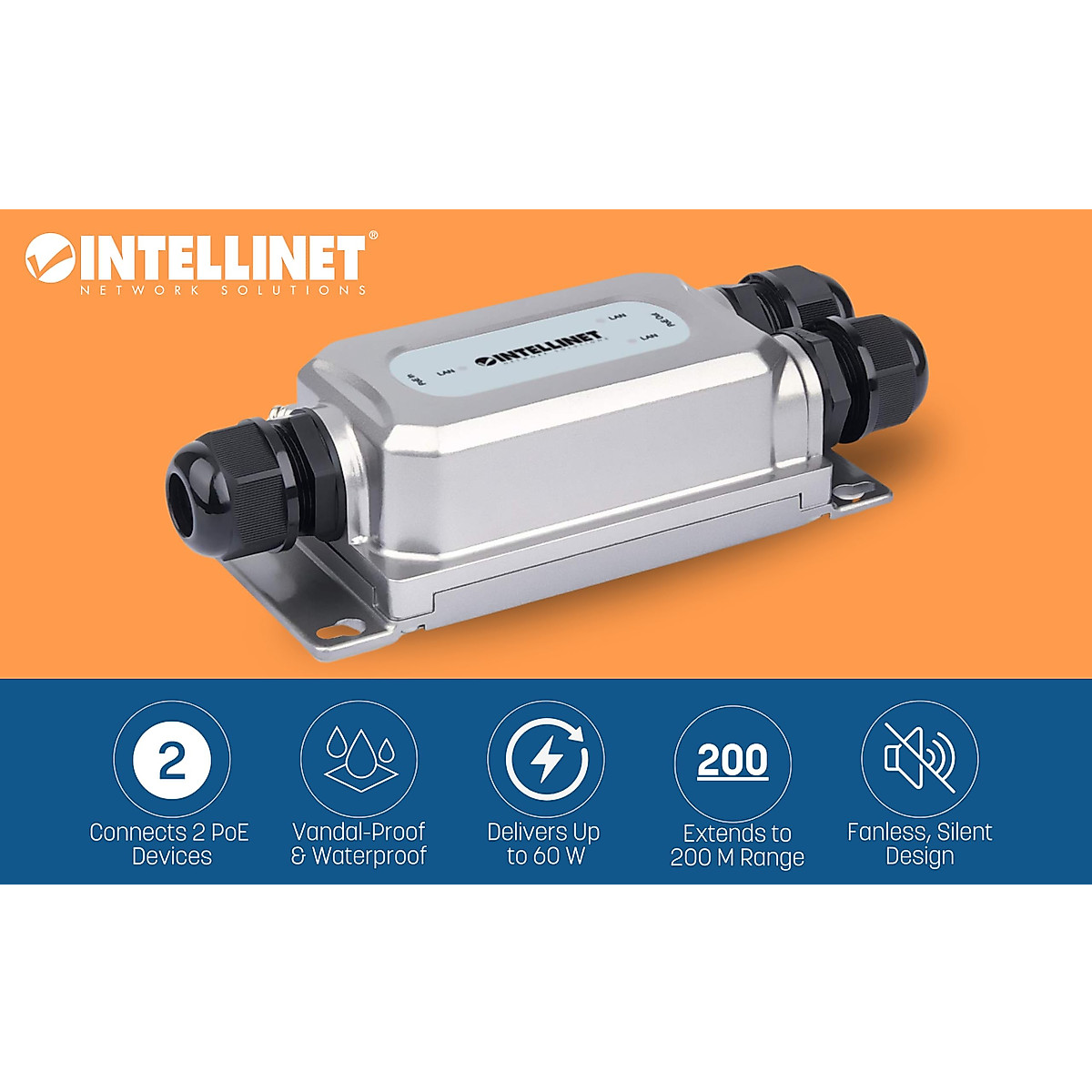 Intellinet 2-Port Gigabit PoE++ Extender Outdoor, 60W Power Budget, 30W Out Per Port, IP67 & IK10, Ultra POE Passthrough Switch-3 Yr Mfg Warranty-561648