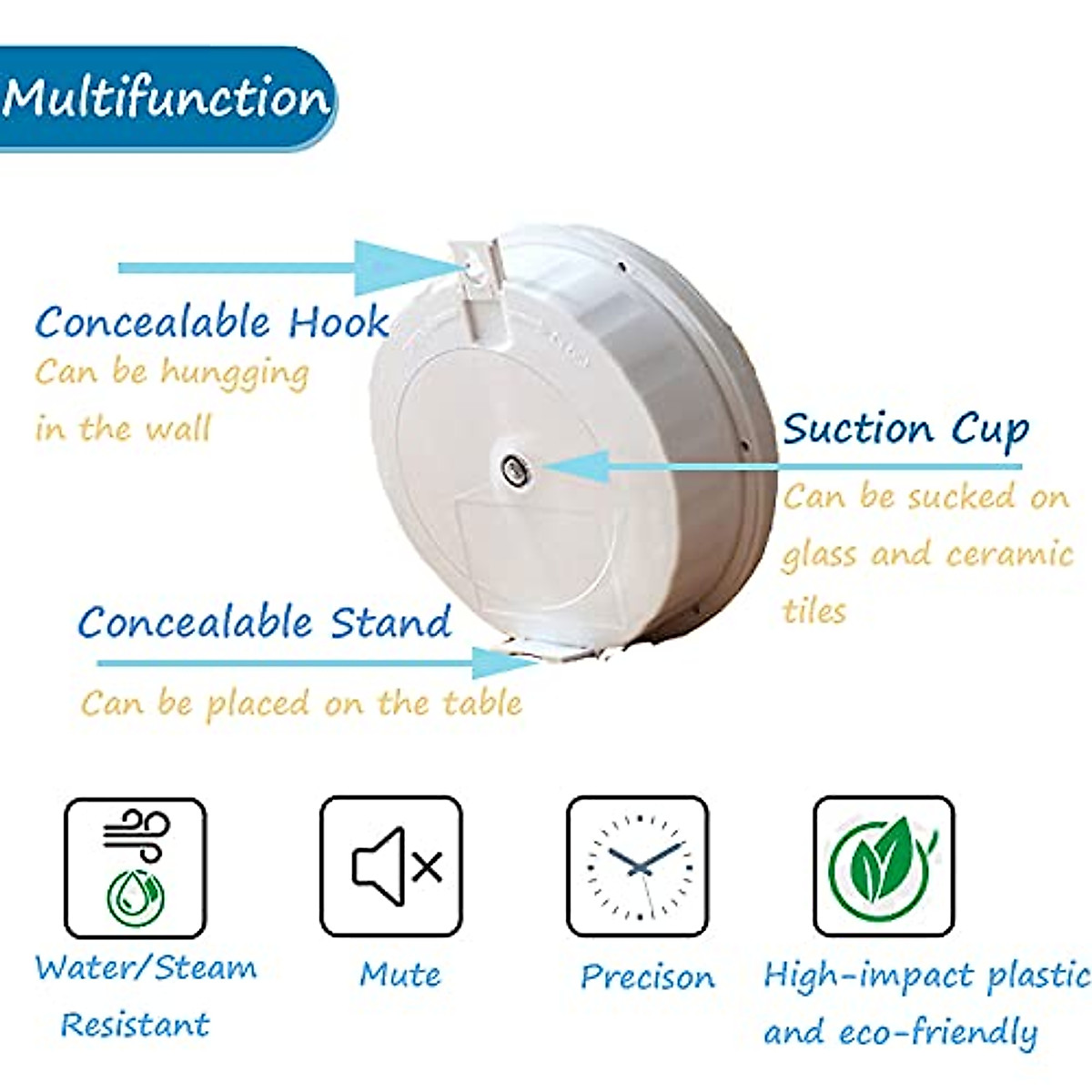 Bathroom Waterproof Wall Clock, Indoor Wall Clock with Suction Cup, Quartz Movement, Plastic Frame, Flexible Choice for Hanging Or Standing, Modern Silent Small Wall Clock for Living Room and Kitchen