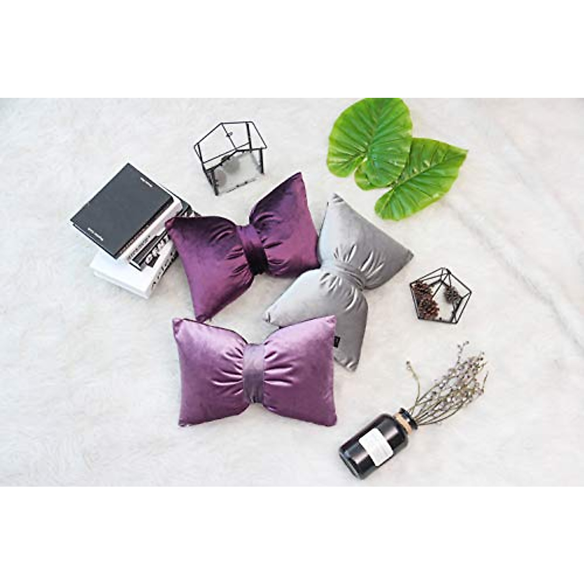 Luxurious Velvet Bow Neck Pillow Headrest Cushion Decorative Lumbar Support Pillow for Home, Living Room, Office (Purple, Large)