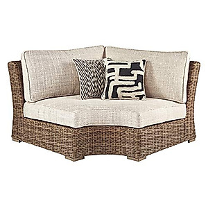 Signature Design by Ashley Beachcroft Farmhouse Outdoor Patio Wicker Curved Corner Chair, Beige
