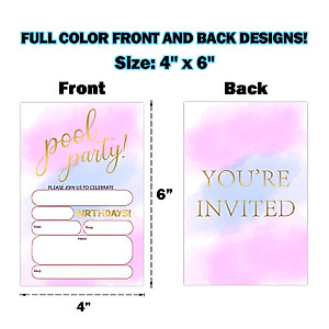 Watercolor Glitter Pool Party Birthday Party Invitation, Water Slide Pool Birthday Party Invite for Kids Girls Boys, Summer Birthday Party Celebration Supplies, 20 Invitations with Envelopes - JY773