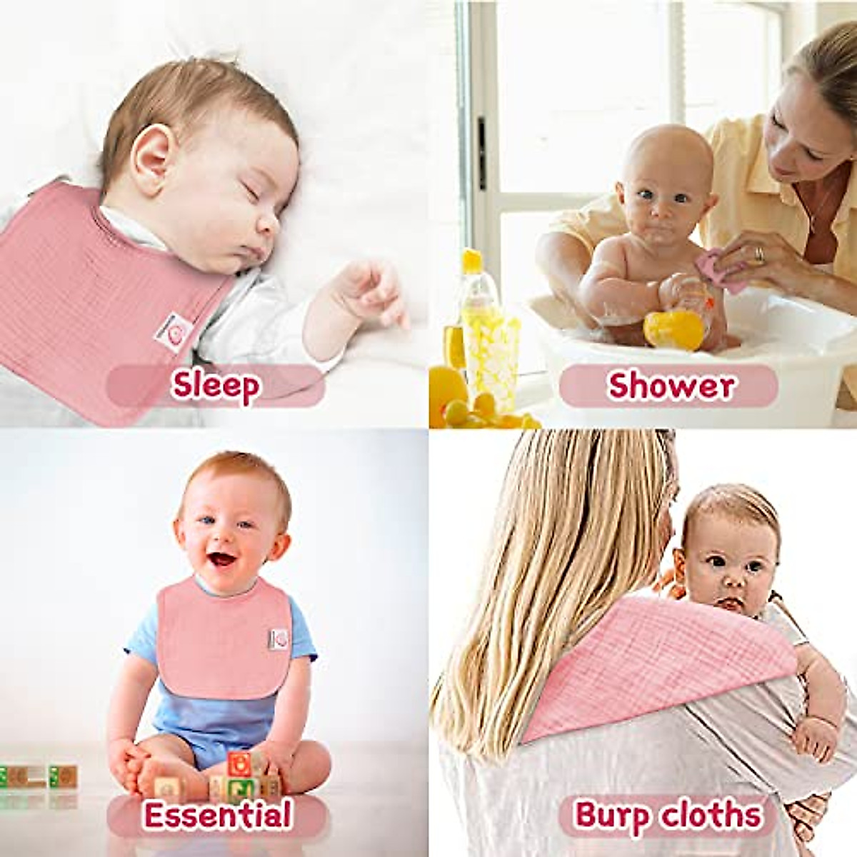 Bearmoss Muslin Baby Drooling Bibs 8 Pack, 100% Cotton Square Adjustable Bandana Bibs Gift for Baby Girls Boys Teething Drool (Summer Berry)