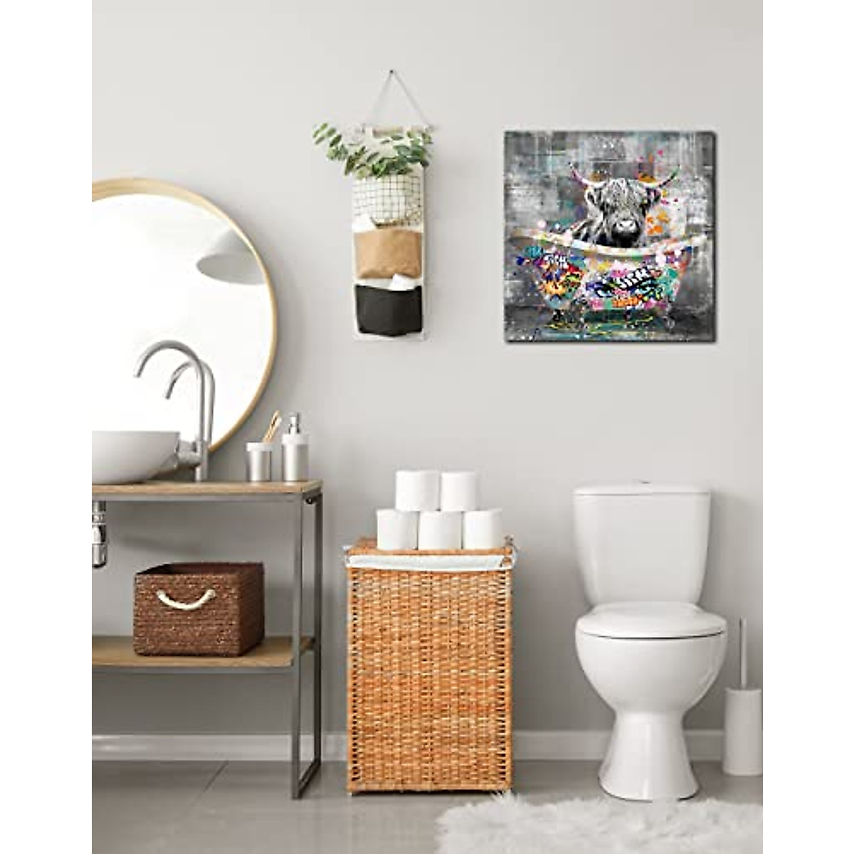 Kepgonegu Highland Cow Bathroom Wall Art Banksy Graffiti Canvas Wall Art Black and White Wall Art Ready to Hang Size 14”W x 14”H