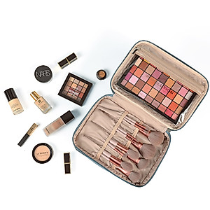 NISHEL Large Double Layer Travel Makeup Bag Women, Cosmetic Case, Organizer for Travel-Size Accessories Bottles, Brushes, Conditioner, and Skin Care Products, Lake Blue