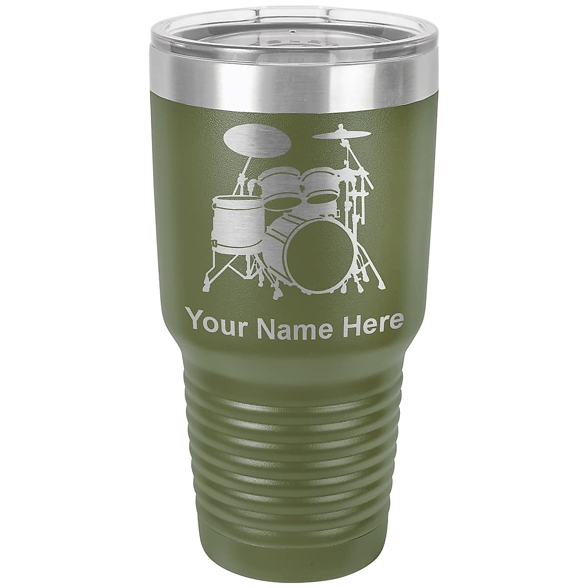 LaserGram 30oz Vacuum Insulated Tumbler Mug, Drum Set, Personalized Engraving Included (Camo Green)