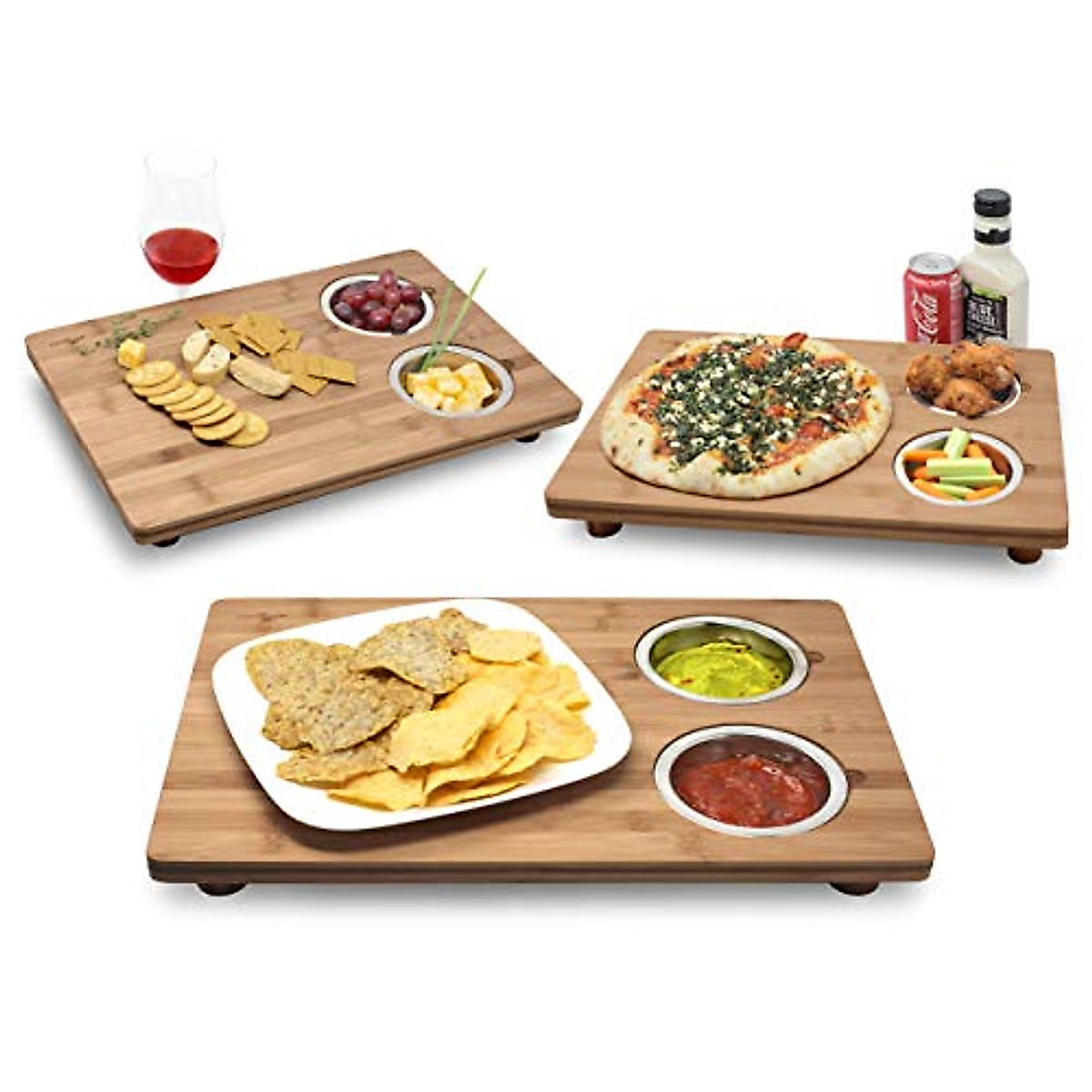 VersaChop Duo, Large 18 inch X 12 inch Cutting Boards for Kitchen. Totally Natural Organic Moso Bamboo Cutting Board with Two Integrated Stainless Steel Bowls attached for organization and storage.