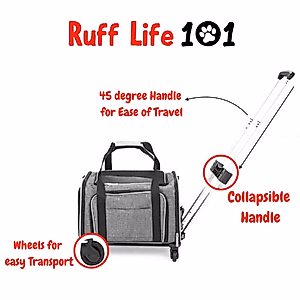 Ruff Life 101 Airline Approved Expandable Premium Pet Carrier on Wheels- Two Sided Expandable Rolling Carrier- Designed for Dogs & Cats- Extra Spacious Soft Lined Carrier! (Grey)