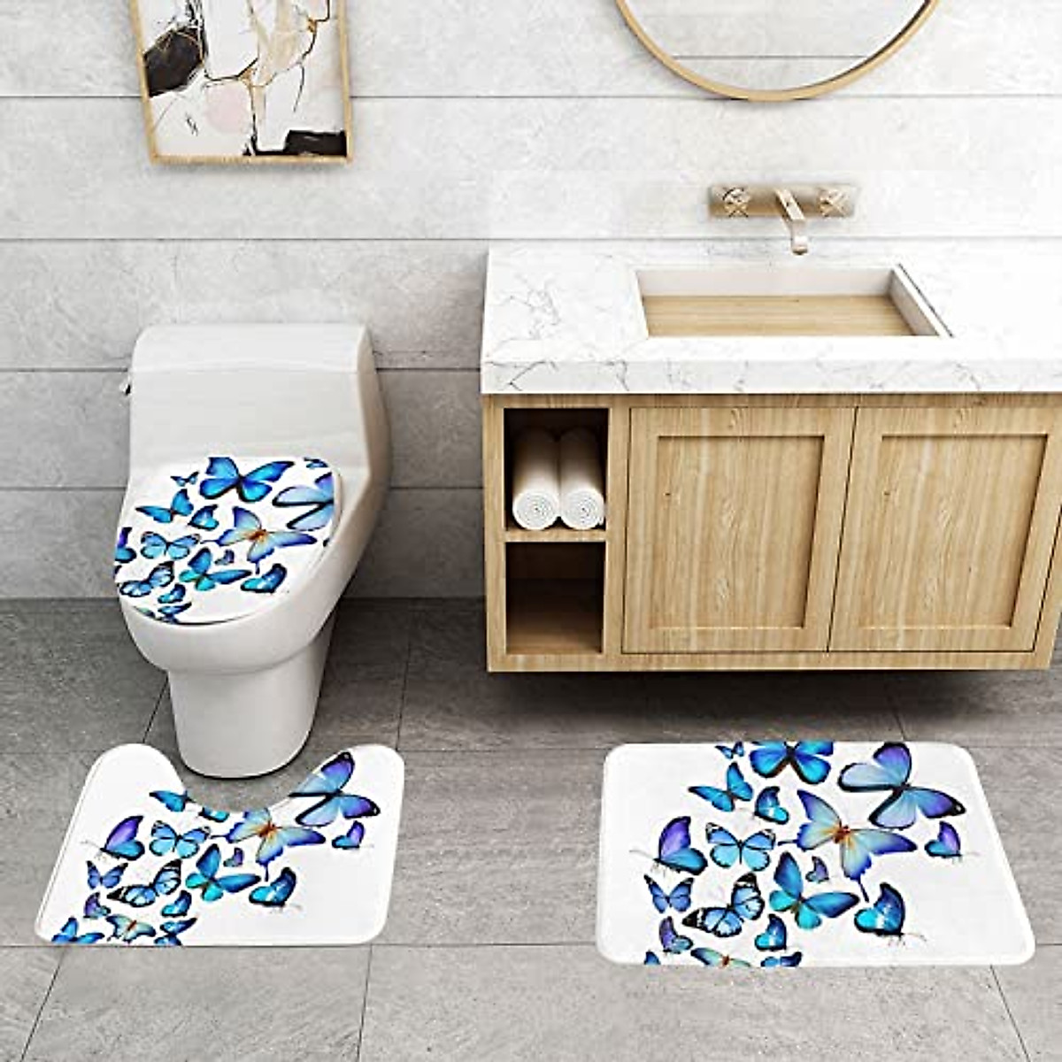 ASEELO Blue Butterfly Bathroom Rugs Sets 3 Piece with Toilet Cover, Bath Mats,U-Shaped Contour Mat,for Bathroom,Tub