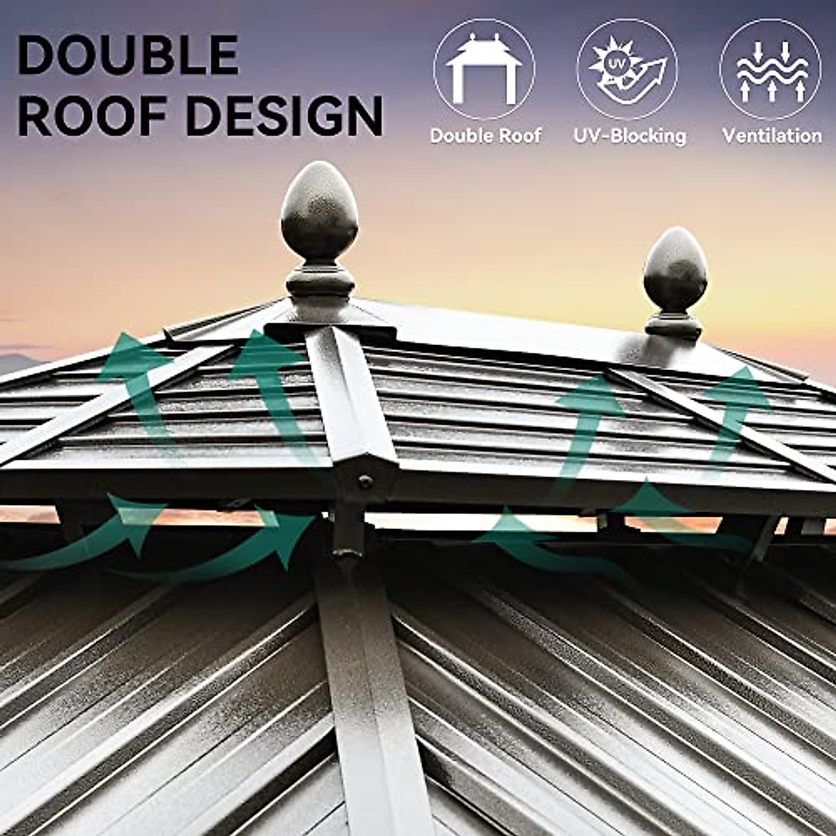 YITAHOME 10x12ft Hardtop Gazebo with Nettings and Curtains, Heavy Duty Double Roof Galvanized Steel Outdoor Combined of Horizontal Vertical Stripes Roof for Patio, Backyard, Deck, Lawn (Bronze)