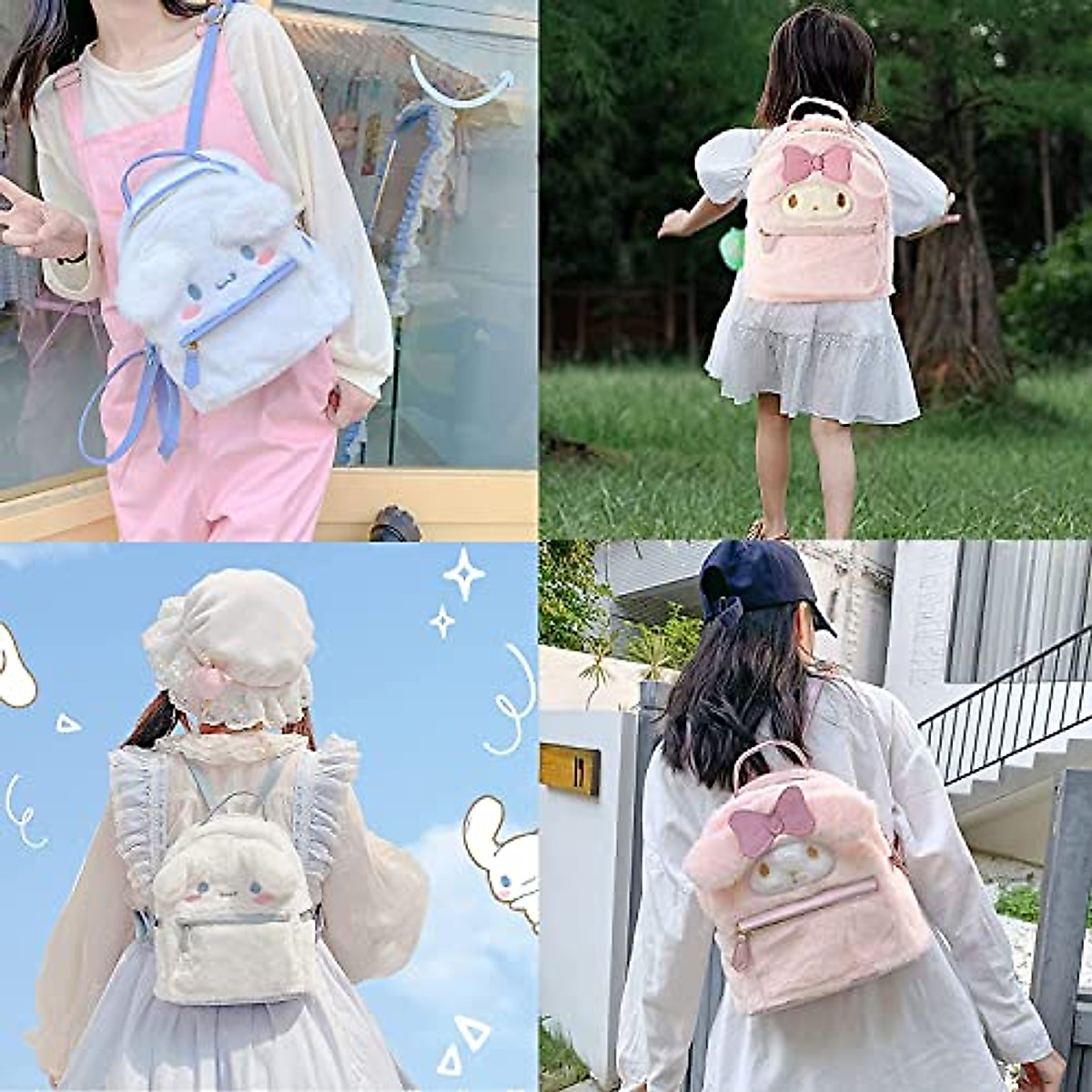 Cute Small Furry Cinnamoroll Dog Melody Backpack Plush Backpack Cute Girl Bag My Melody (white)