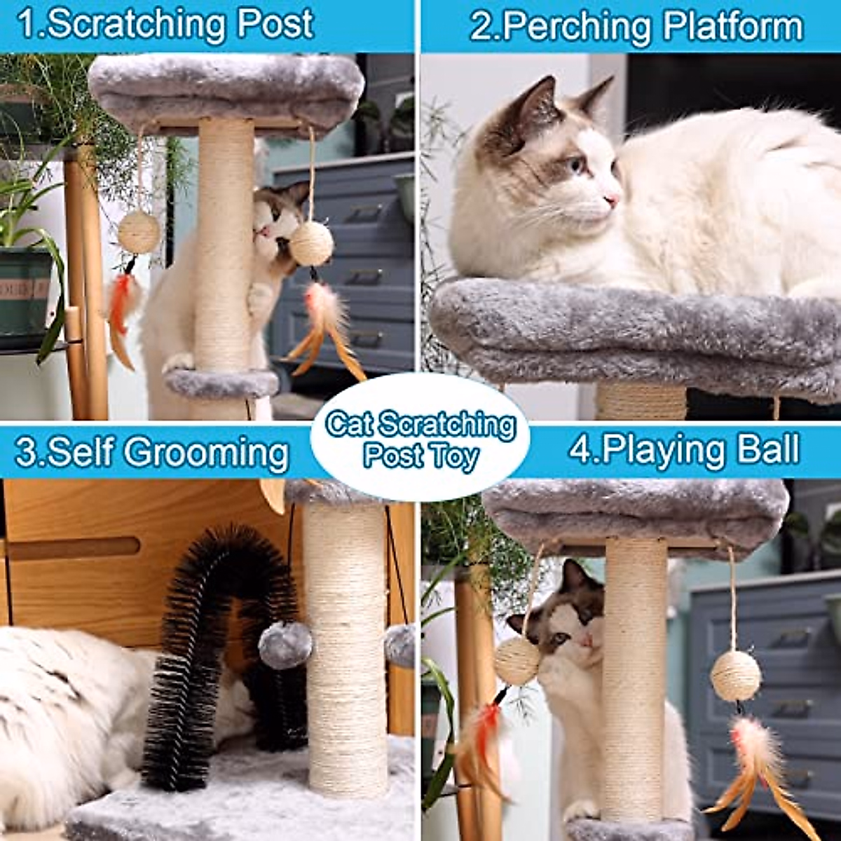 Cat Scratching Post, WHDPETS Cat Scratchers with Arch Self Groomer and Platform for Indoor Cats, Cat Claw Scratch Posts with Sisal Rope and Balls for Kitten Kitty Play