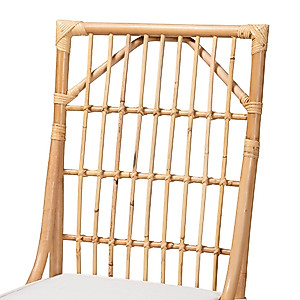 Baxton Studio Rose Dining Chair Dining Chair White Fabric Upholstered and Natural Brown Rattan Dining Chair