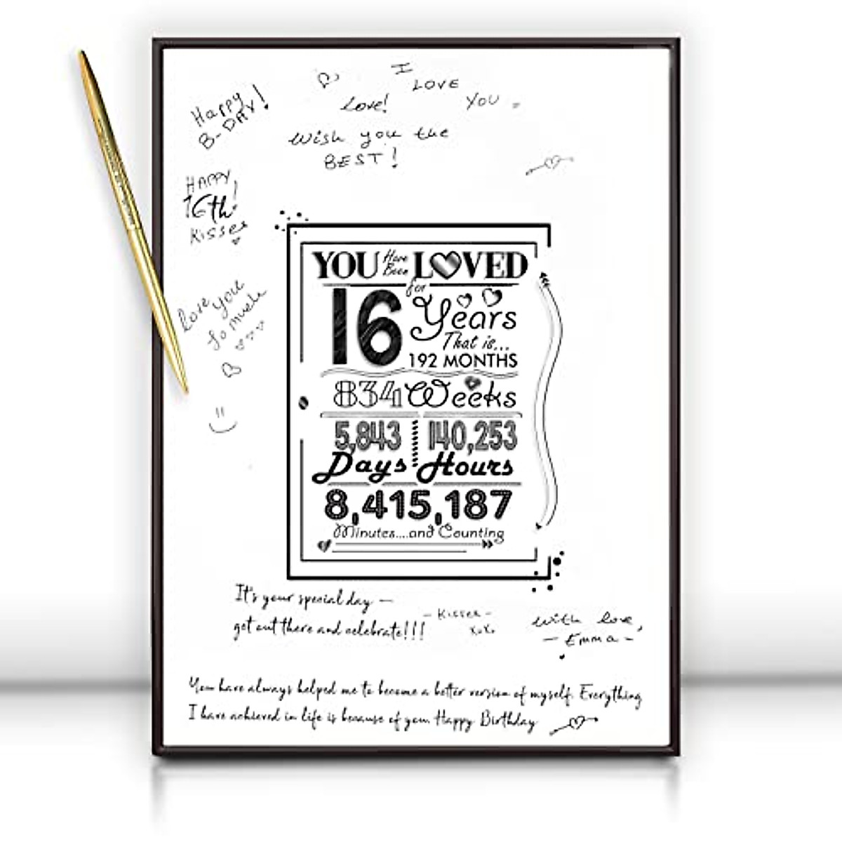 Framed Sweet 16 Birthday Decorations for Boy or Girl 12"X16" With Pen & Wall Hanger, 16th Birthday Decorations Party Favor Sign Poster, Guest Book Alternative, Jumbo Sweet 16 Card for Boys & Girls