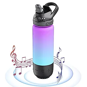 ICEWATER 3-in-1 Bluetooth Speaker+Smart Water Bottle+Dancing Lights, Portable Wireless Speaker, Glows to Remind You to Keep Hydrated, 20 oz, Auto Straw Lid, Leak-Proof (Black)