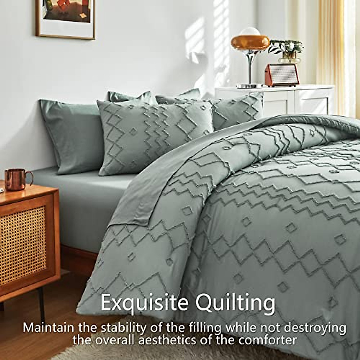 AIKASY Green Tufted Bed in A Bag King ,Geometry Embroidery Comforter Set 7 Pieces，Boho Shabby Chic Comforter Bedding Sets , Soft Microfiber Comforter for All Seasons (Green, 102"x90")
