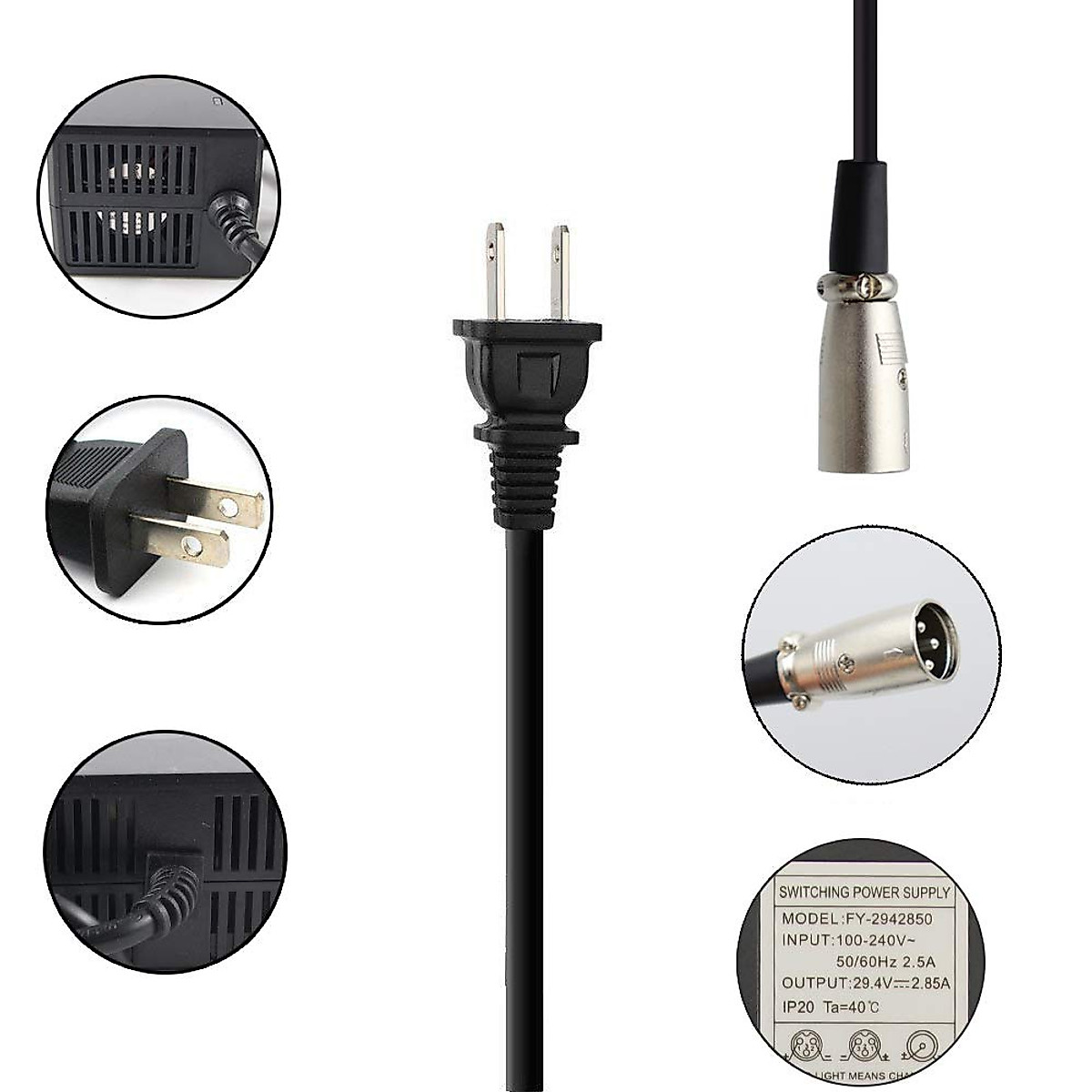 Abakoo 29.4V 2.85A UL Charger Power Supply Adapter for 29.4V 24V 7S only Lithium Battery Pack with 3-Pin XLR Male Connector