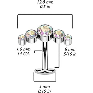 Titanium Threadless Convex Base Floating Belly Ring With 5 Bezel Crystal Curve Top (Aqua)