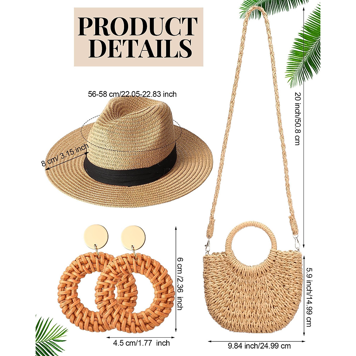 3 Pcs Women Straw Bag Rattan Wide Brim Sun Hat Woven Earrings for Summer Beach