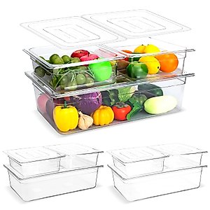 Mifoci 6 Pcs Commercial Plastic Food Pans with Lids Clear Food Pans Included 2 Pcs Full Size 6 Inch Deep Hotel Pan 4 Pcs 1/2 Size 4 Inch Freezer Food Storage for Storage Kitchen Restaurant