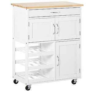 HOMCOM Bar Cart Rolling Kitchen Island on Wheels with 9-Bottle Wine Rack, Small Kitchen Cart with Wide Drawer, Kitchen Storage Cabinets, Wooden Countertop, White