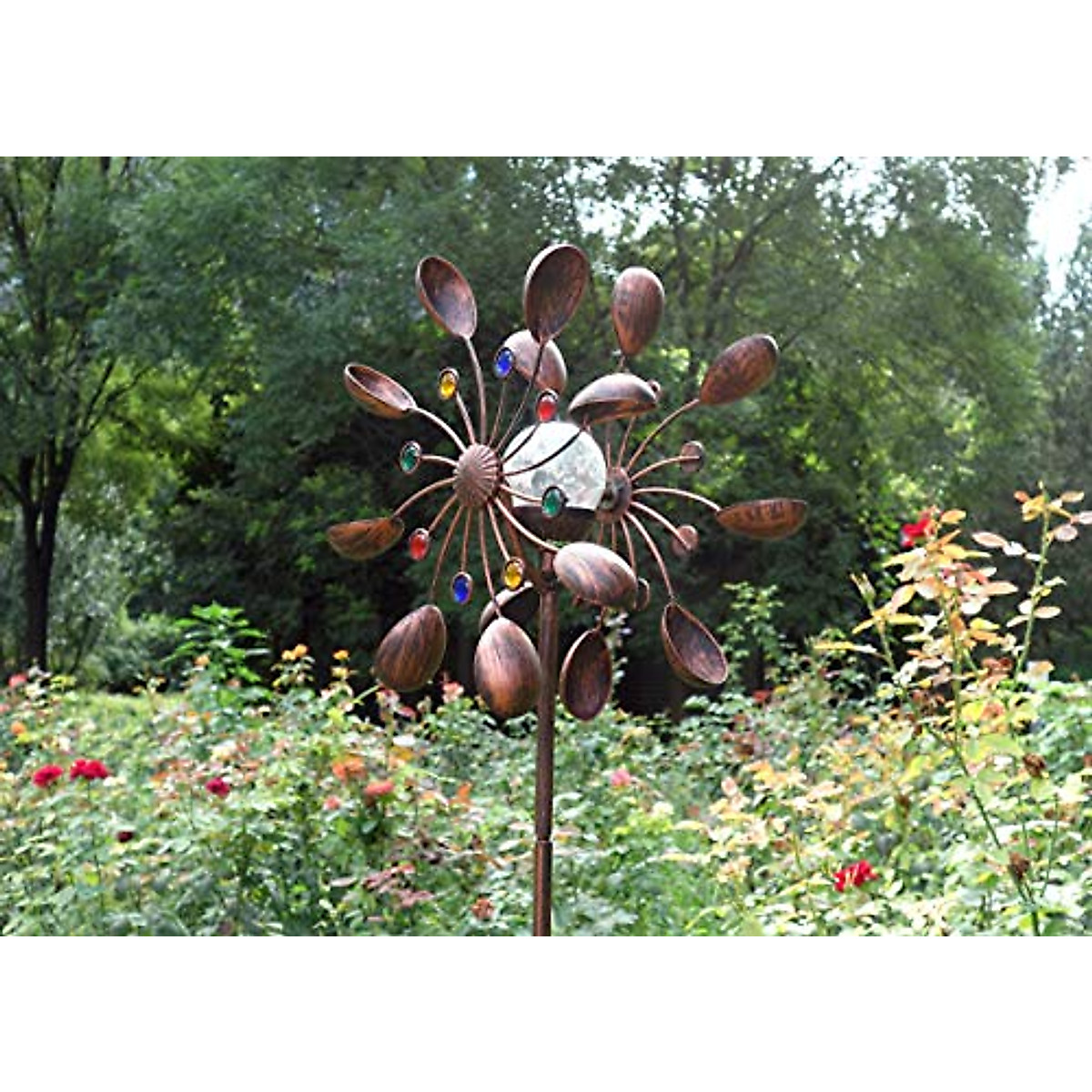 Solar Wind Spinner New 75in Jewel Cup LED Lighting Solar Powered Glass Ball with Kinetic Wind Spinner Dual Direction, Solar Windmill Spinner for Patio Lawn & Garden, Yard Spinner
