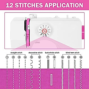 Sewing Machine - Mini Sewing Machine for Beginners and Kids with 12 Built-in Stitches, Portable Sewing Machine with Adjustable 2 Speed and Foot Pedal Control, Perfect for Arts,Crafts & Sewing Projects - Pink Button