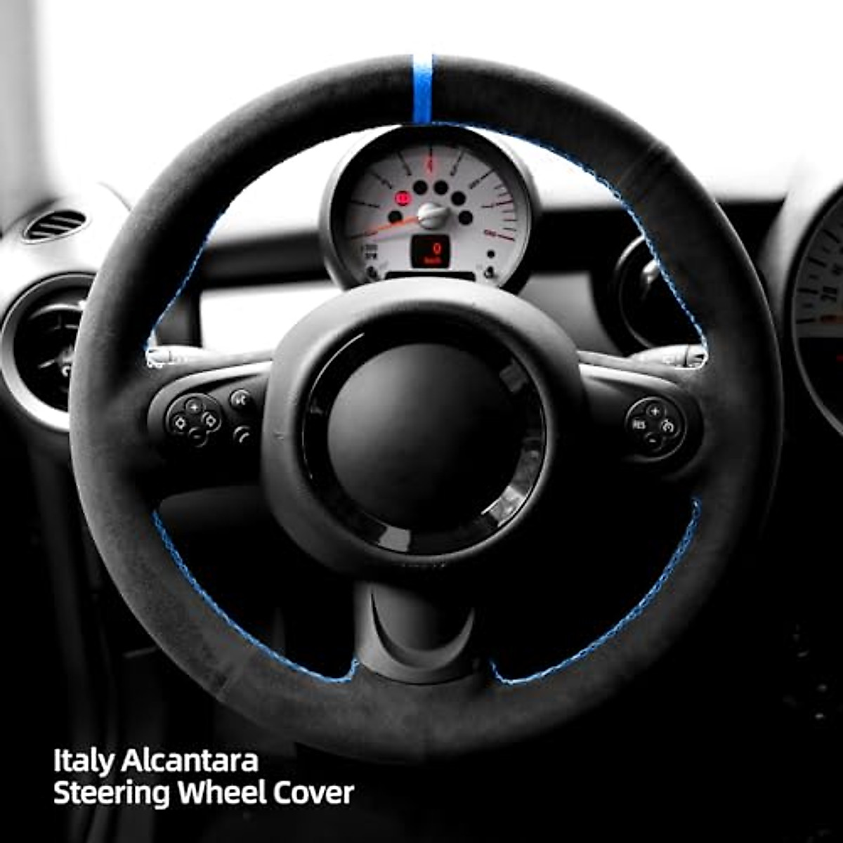 Alfanxi Hand Stitch Alcantara Steering Wheel Cover Compatible with Mini Cooper/Cooper S One (Blue Stripe)