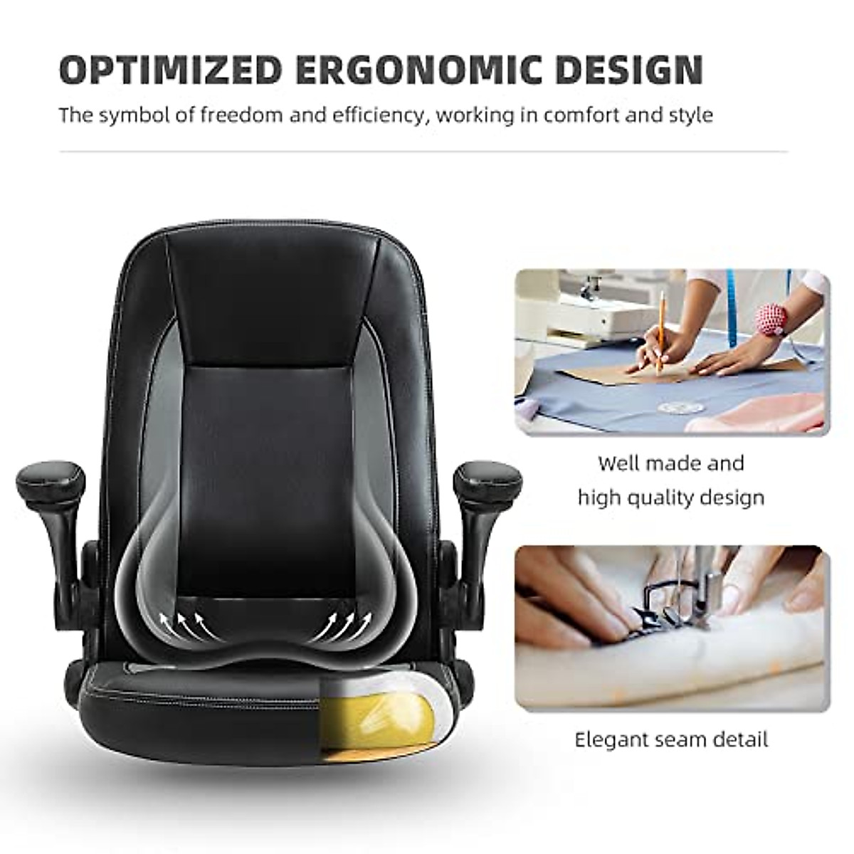 Black Desk Chair Ergonomic Office Chair Lumbar Support Desk Chairs with Wheels and Flip-up Armrest Adjustable PU Leather Computer Chair Backward Tilt