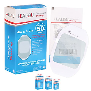 Transparent Film Dressing, 4" x 4 3/4" Box of 50 - Waterproof Wound Bandage Adhesive Patches, Post Surgical Shower or IV Shield, Tattoo Aftercare Bandage by Healqu