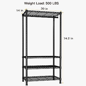 Ulif H2 Heavy Duty Clothes Rack, Freestanding 4 Tiers Garment Rack for Hanging Clothes with Shelves and Hangers, Closet Organizers and Storage Metal Closet Wardrobe System, Max Load 500 LBS, Black