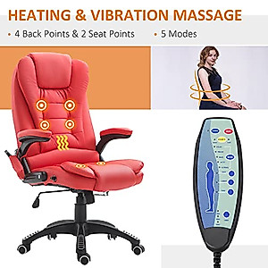 HOMCOM High Back Executive Massage Office Chair with 6 Point Vibration, 5 Modes, Faux Leather Heated Reclining Desk Chair, Bright Red
