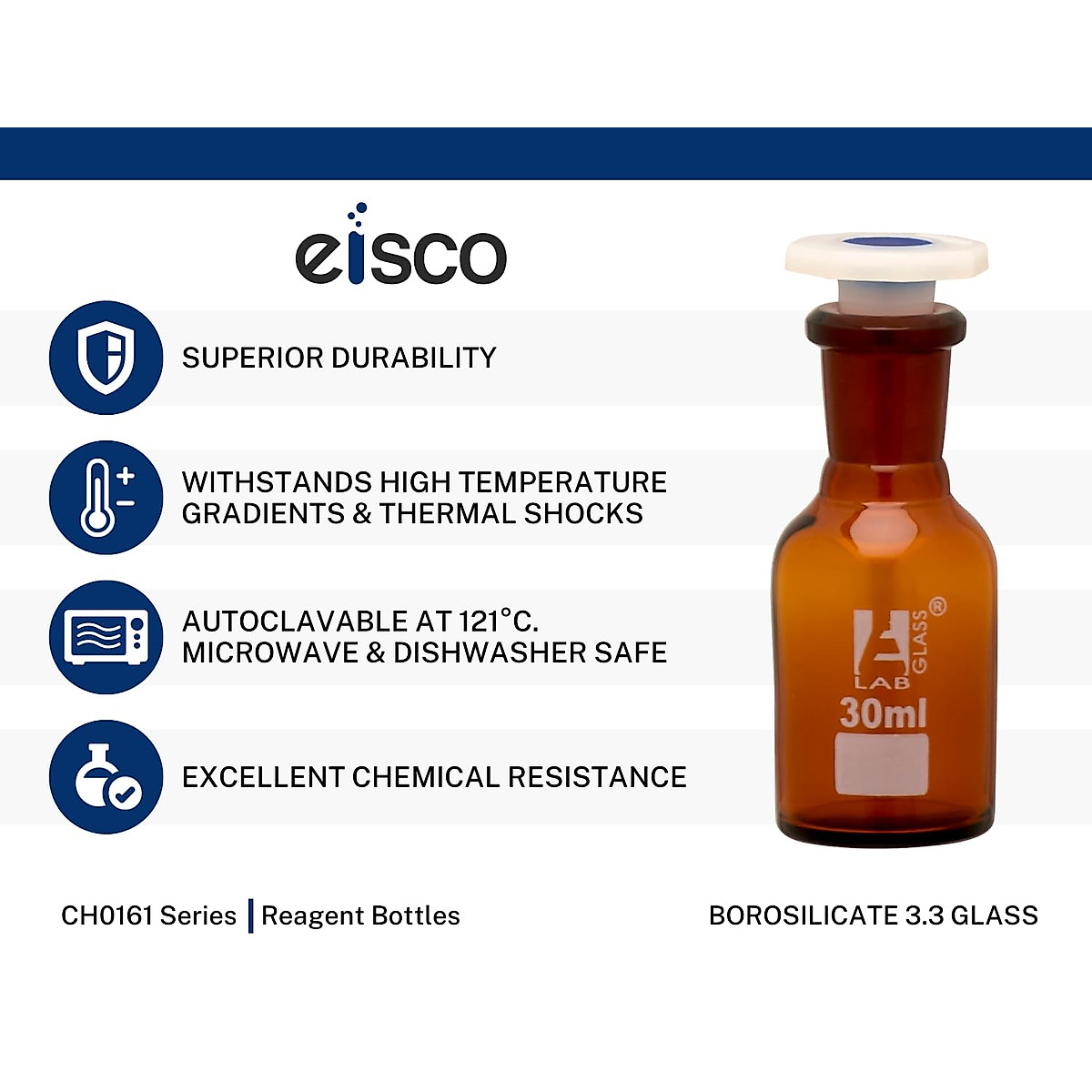 Eisco Labs 500ml Amber Reagent Bottle, Narrow Mouth with Acid Proof Polypropylene Stopper, Socket Size 24/29