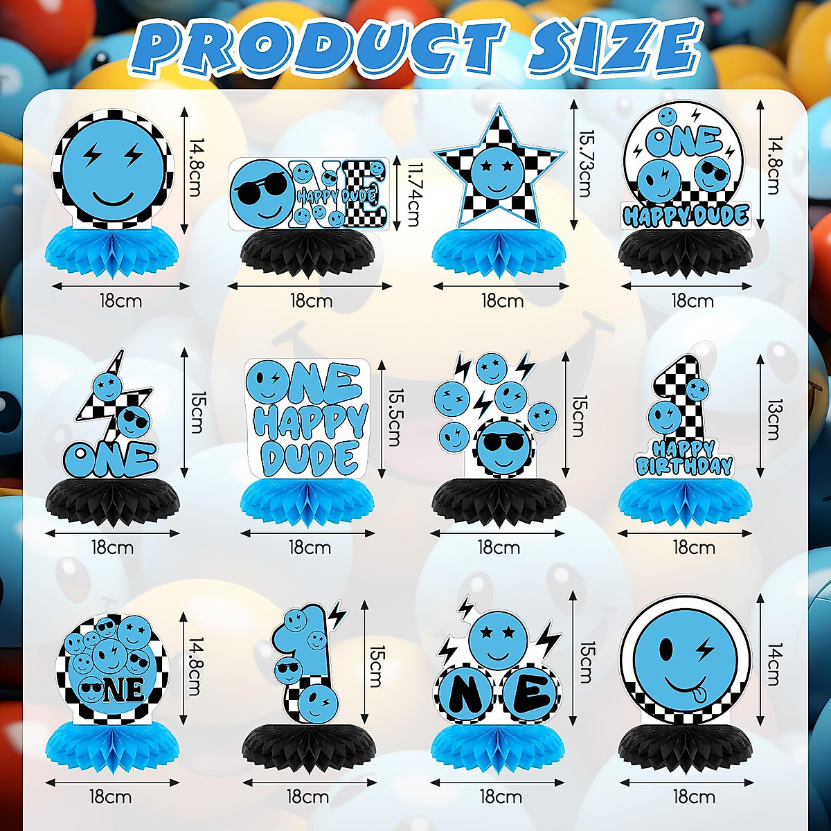 Memorywuu 12 Pcs One Happy Dude Honeycomb Centerpiece Blue One Happy Dude 1st Birthday Party Decoration Birthday Centerpiece Table Decorations Smile Face Table Topper for Baby Shower Birthday Party