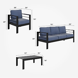 Solaste Aluminum Patio Furniture Set, 5 Seats Modern Outdoor Conversation Set Sectional Sofa with Upgrade Cushion and Coffee Table,Black Frame and Blue Cushion