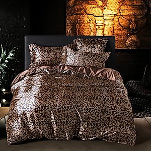 ErZhuiZi Luxury Satin Silky Duvet Cover Set with Fitted Sheet 4pcs Silk Bedding Set with 2 Pillowcases Leopard Print Comforter Cover,LeopardPrint-Queen