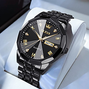 OLEVS Watch for Men Diamond Business Dress Analog Quartz Stainless Steel Waterproof Luminous Date Two Tone Luxury Casual Wrist Watch Black