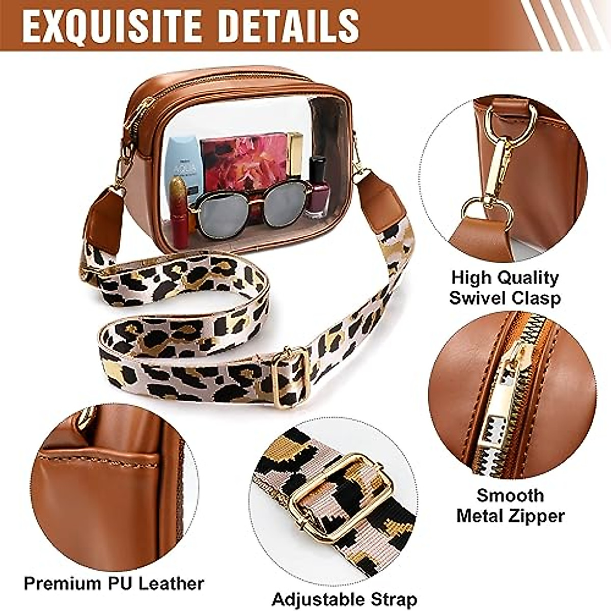 COROMAY Clear Bag Stadium Approved, Clear Crossbody Purse Bag with Adjustable Strap, Leather Clear Stadium Bag for Sports Concerts Events