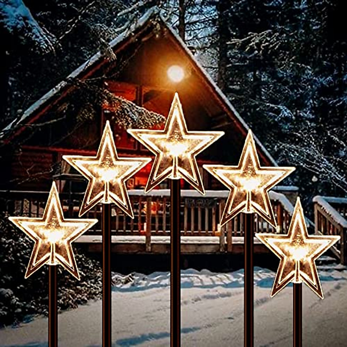 Rehenbsem Solar Christmas Lights Outdoor,5PCS Energy Saving Waterproof Solar Powered Stake Lights,2-Lighting Modes Christmas Decorations Garden Stake for Pathway, Lawn, Yard Decor (Star)