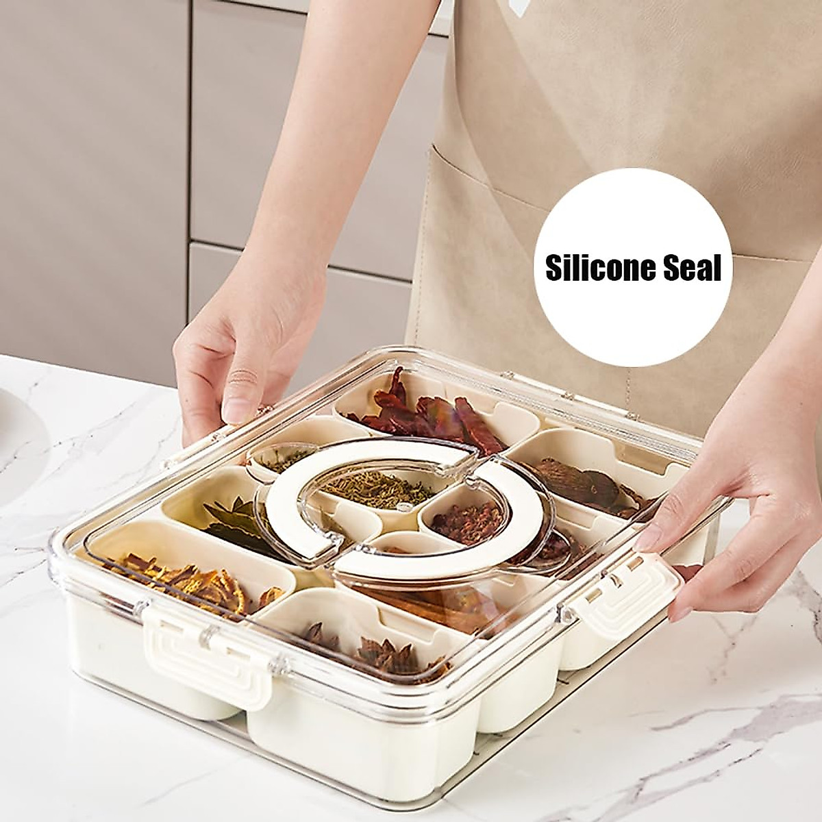 Mimeile Plastic Seasoning Organizer Box Spice Storage Containers Snack Condiment Food Holder 8 Compartment with Sealing Lid Handle Divided Serving Tray for Kitchen Cabinet Pantry Refrigerator