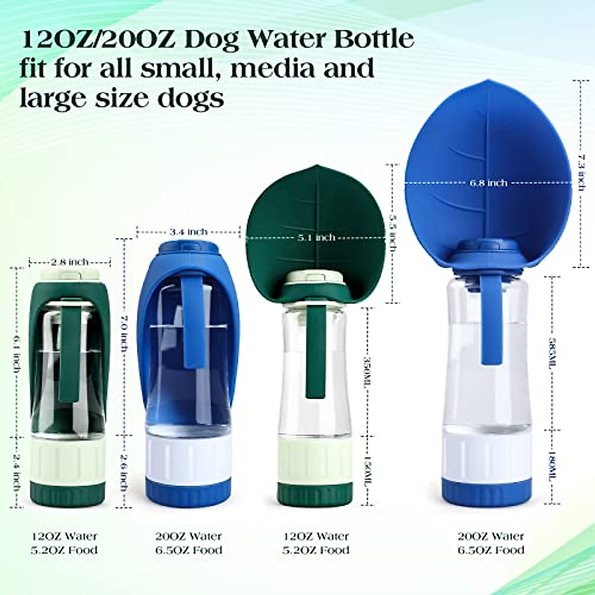 TIOVERY Upgraded Dog Water Bottle, Portable Dog Cat Puppy Pet Water Dispenser Feeder with Drinking Cup and Food Container Leak Proof for Outdoor Walking, Travel, Hiking 12OZ