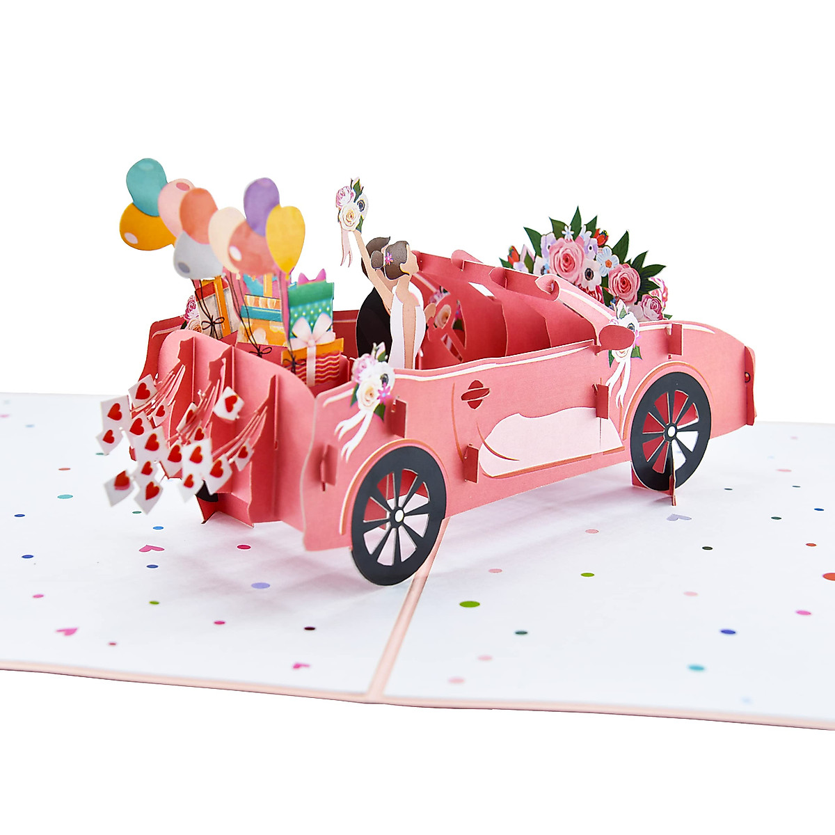 "Just Married" Pink Cadillac Wedding Car with Bride and Groom Pop Up Card for Marriage, Engagement, Anniversary, Valentines Day