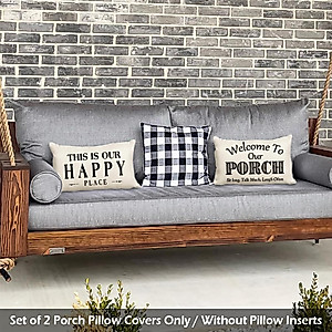 JOJOGOGO Welcome to Our Porch Outdoor Lumbar Pillow Covers Waterproof 12x20 Set of 2, Decorative Outdoor Lumbar Pillows 12 x 20, Front Porch Decor Patio Furniture Pillows (This is Our Happy Place)