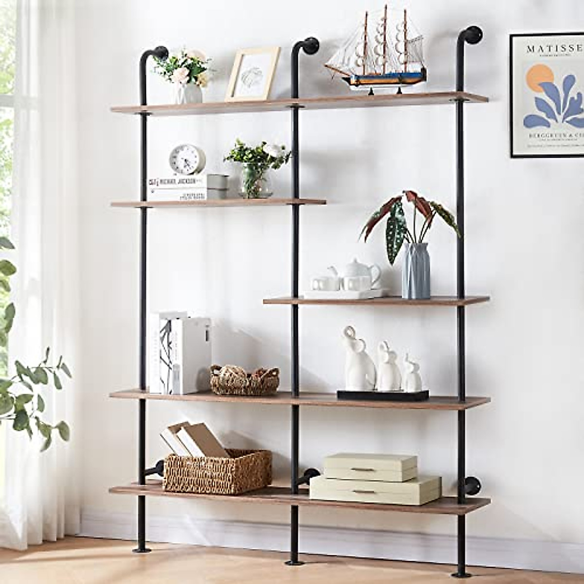 HOMISSUE Industrial Bookshelf 5-Tier Open Wall Mount Ladder Bookshelf, Modern Bookcase with Metal Frame and Wood for Home Office, Wall Mounted Industrial Iron Pipe Shelf, Oak Brown