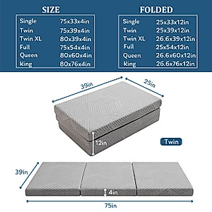 Folding Mattress 4 Inch Tri Folding Memory Foam Mattress, Portable Trifold Mattress Topper with Breathable & Washable Cover, Foldable Floor Mattress Guest Bed for Camping, Travel, Twin