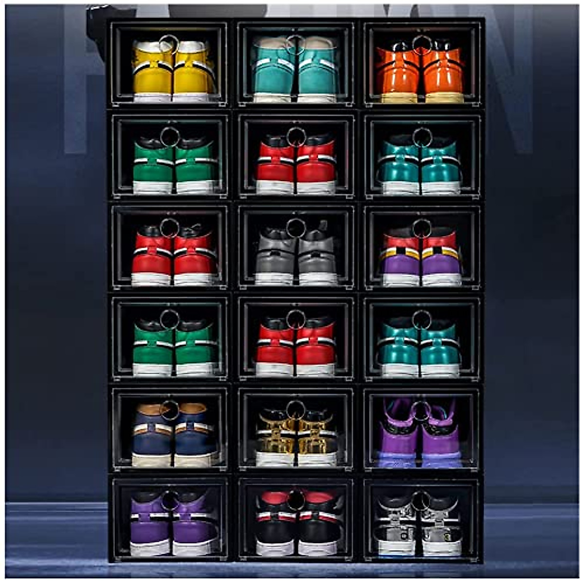 AOHMPT 18 Pack Clear Shoe Organizer Stackable Shoe Box Foldable Storage Bins Shoe Container Box Large Size Shoe Bins (Black+)