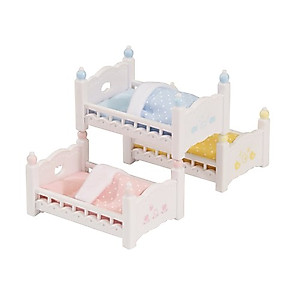 Calico Critters Triple Baby Bunk Beds, Dollhouse Toy Furniture, Multicolor, basic (CC2624), Set includes three beds, three mattresses with pillows, three blankets and two ladders